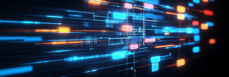 Abstract Data Flow Glowing Lines and Rectangles on Blue, Orange - AI, Big Data Concept - 3D ...