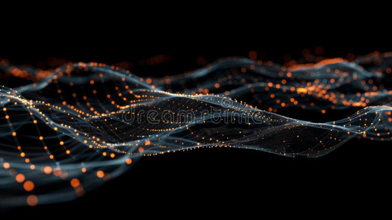 Abstract Data Network: Digital Connection, Orange Glowing Nodes, Cyber ...