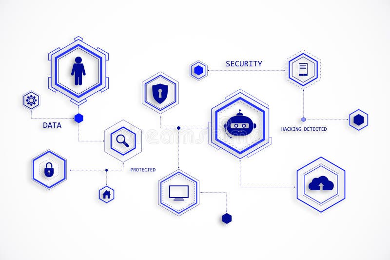 Abstract Data Security Concept with Hexagonal Icons on a White Background. 3D Rendering Stock ...