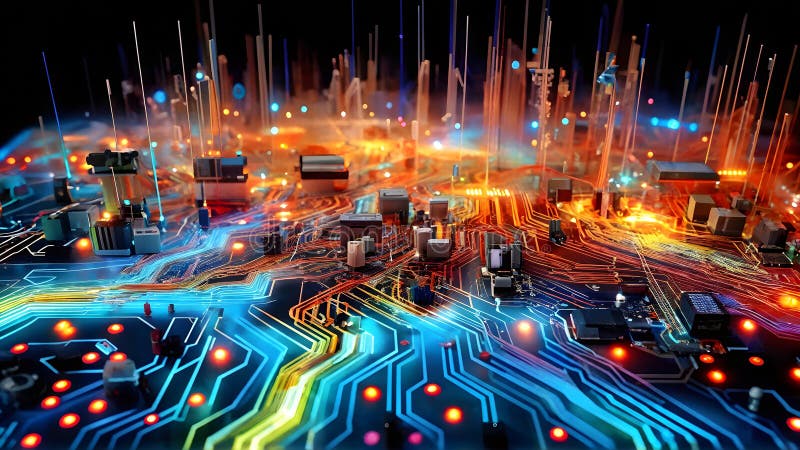 Abstract Data Stream Cascades Over a Circuit Board Stock Illustration ...