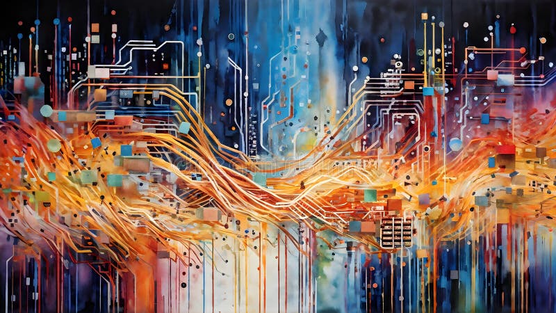 Abstract Data Stream Cascades Over a Circuit Board Stock Illustration ...