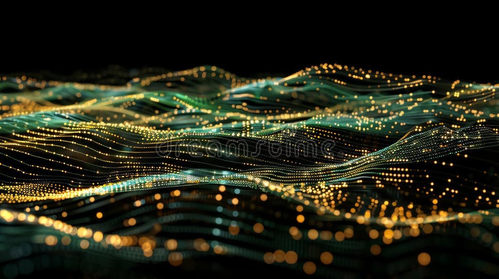 Abstract Data Stream Visualization - Glowing Digital Lines and Particles Wave on Black ...