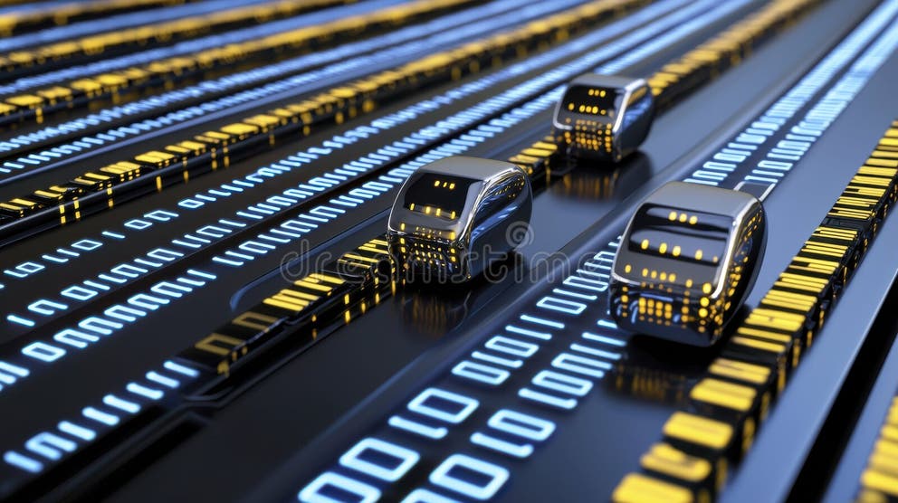 Abstract Data Stream Visualization Metallic Cubes Moving on Blue and Yellow Binary Code Pathways ...