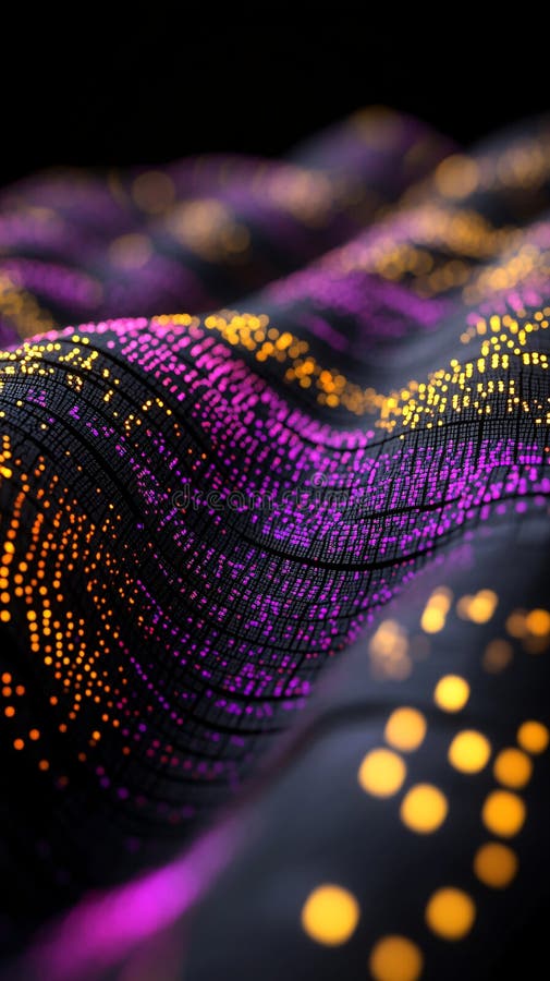 Abstract Data Stream: Wavy Surface with Digital Points in Purple and Gold. Stock Illustration ...