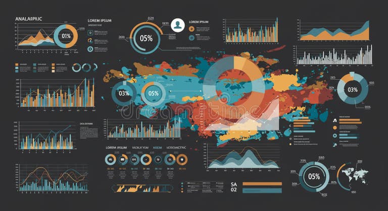 Abstract Data Visualization Featuring an Array of Charts and Graphs on a Dark Stock Illustration ...