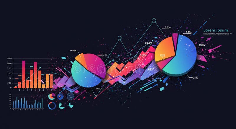 Abstract Data Visualization Featuring Colorful Pie Charts, Bar Graphs, and Line Graphs Stock ...