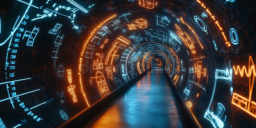 Abstract Data Visualization Glowing Neon Tunnel of Code Symbols ...