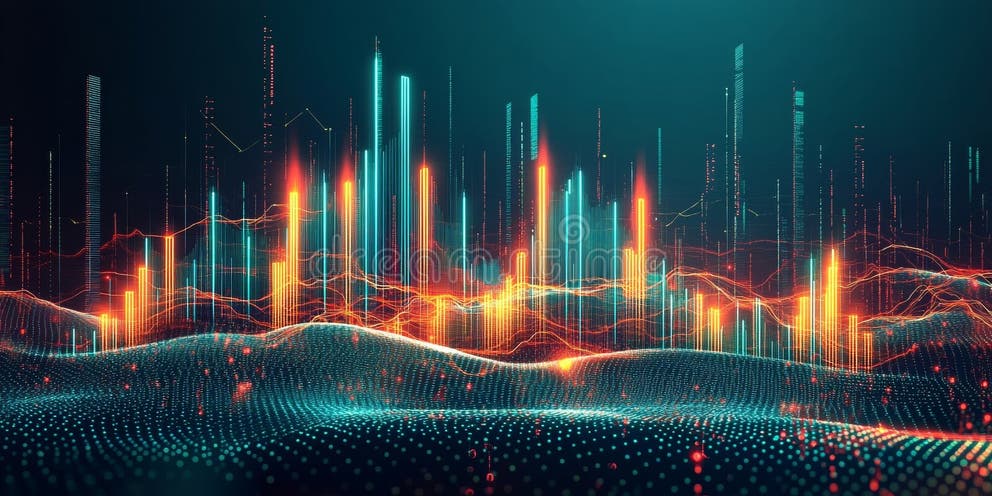 Abstract Data Visualization with Glowing Orange and Blue Candlesticks ...