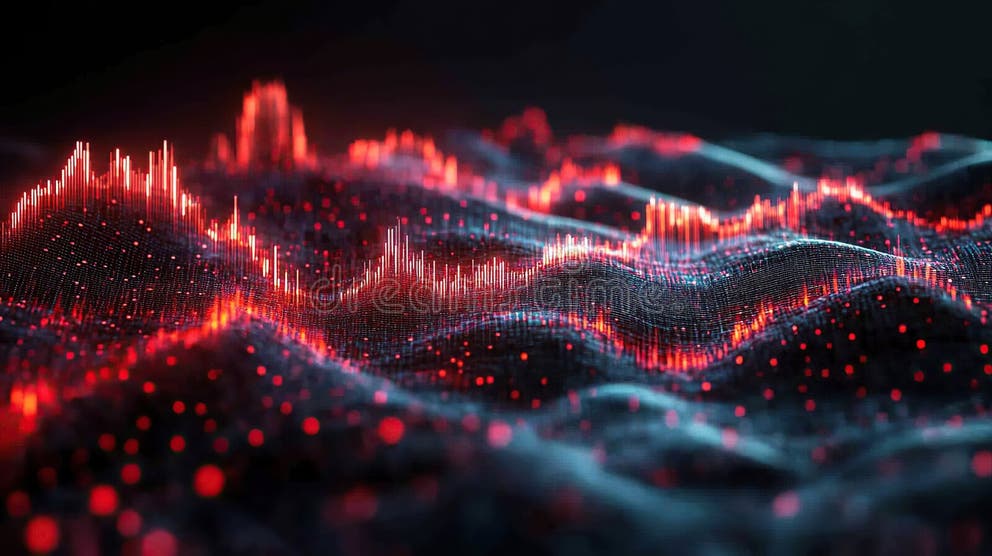 Abstract Data Visualization, Red Glowing Waves, Dark Background ...