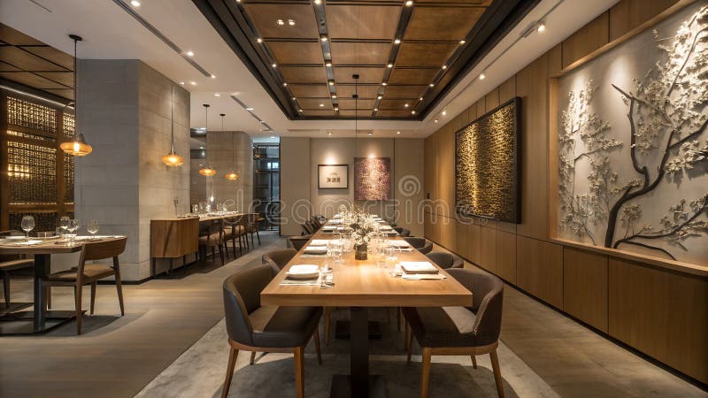 Abstract Decorations. Restaurant Interior with Empty Wooden Table ...