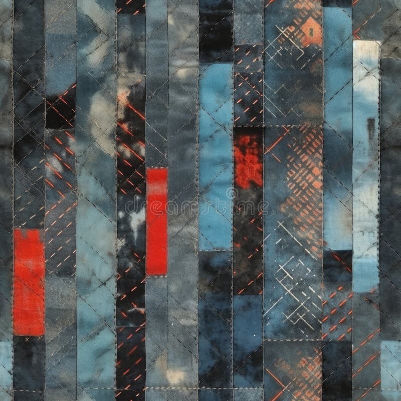 Abstract Denim Quilt Art with Red Stitches and Textured Stripes Stock ...