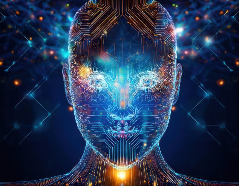 An Abstract Depiction of Artificial Intelligence, Featuring an Ethereal Face Made of Glowing ...