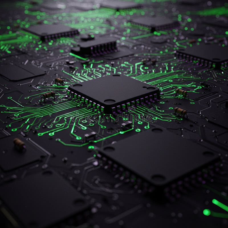 Abstract Depiction of a Black Printed Circuit Board (PCB) with Multiple ...