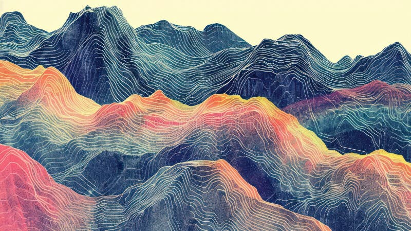 Abstract Depiction of Colorful, Wavy Mountain Ranges with Intricate ...