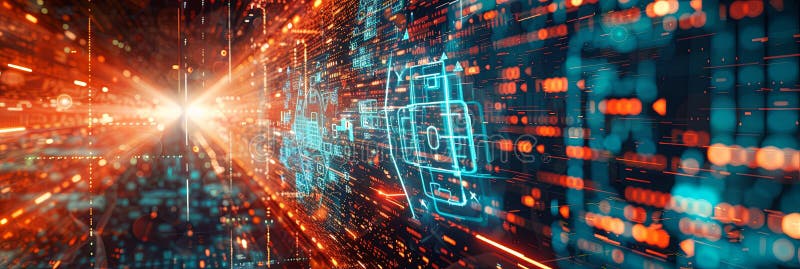 Abstract Depiction Of Cybersecurity Elements Including Digital Locks Shields And Network
