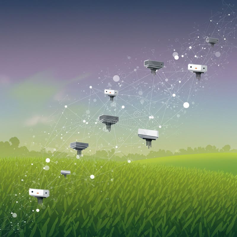 Abstract Depiction of Drone-like Devices Hovering Above a Grassy ...