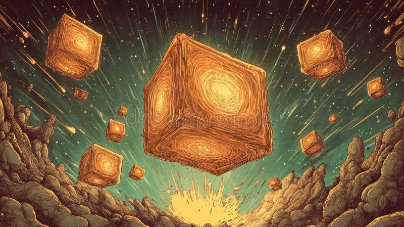 Abstract Depiction of Floating Cubes in a Cosmic Setting with Dynamic ...