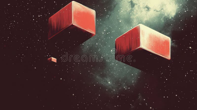 Abstract Depiction of Floating Red Blocks in a Cosmic Space Background ...
