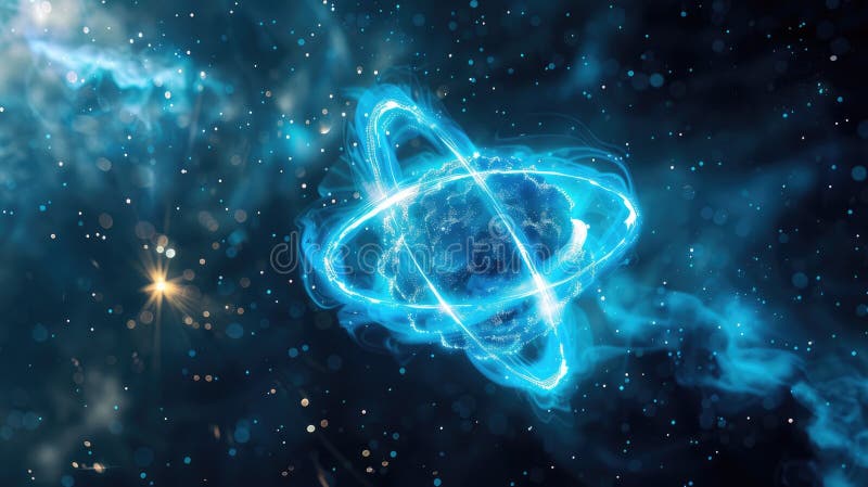 Abstract Depiction of a Glowing Blue Atom in Outer Space, Representing ...