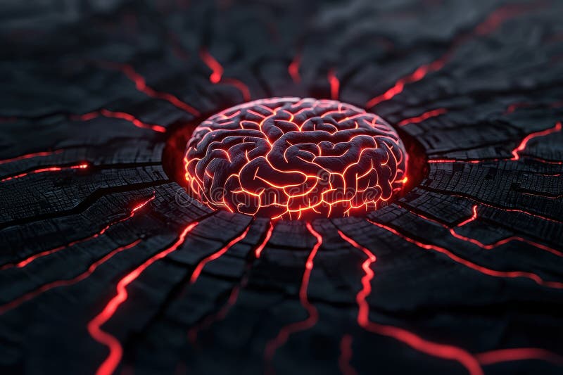 Abstract Depiction of a Glowing Brain Emerging from a Cracked Dark ...