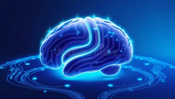 Abstract Depiction of a Glowing Digital Brain with Interconnected Pathways, Representing ...