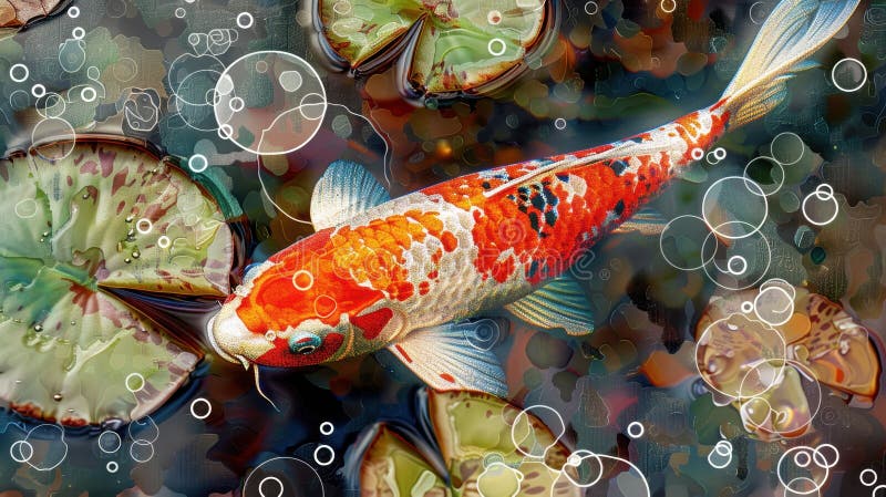 Abstract Koi Fish and Lily Pads with Bubble Patterns Stock Illustration ...