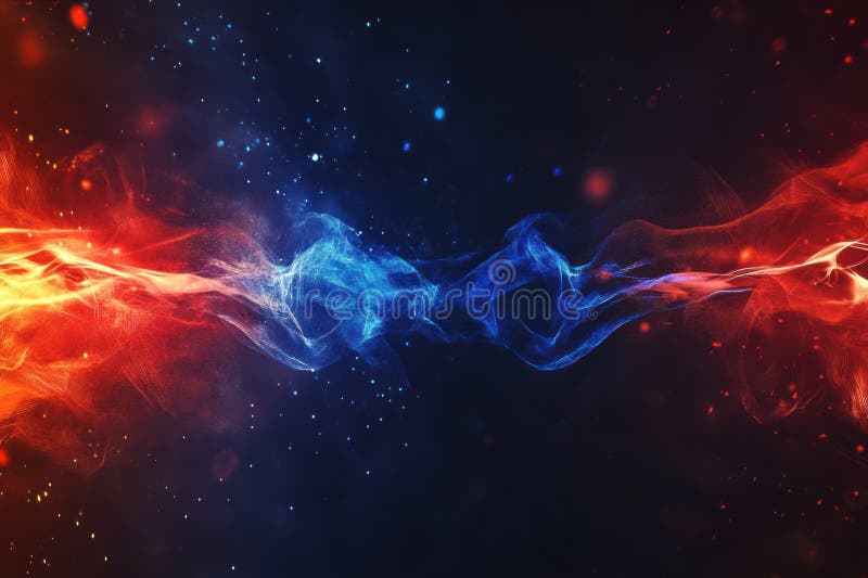 Abstract Depiction of Red and Blue Energy Waves Merging in Space with ...