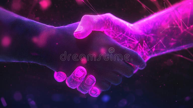 Futuristic Digital Handshake with Pink and Blue Particle Mesh Business ...