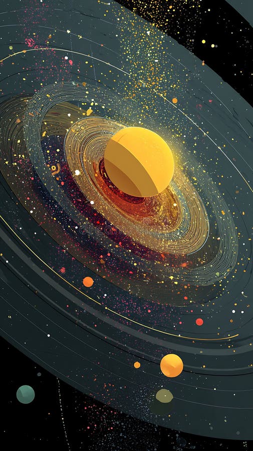 An Abstract Depiction of a Solar System Features a Large Central Yellow ...