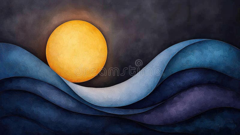 Abstract Depiction of Sun Setting Over Stylized Waves with Vibrant Hues ...