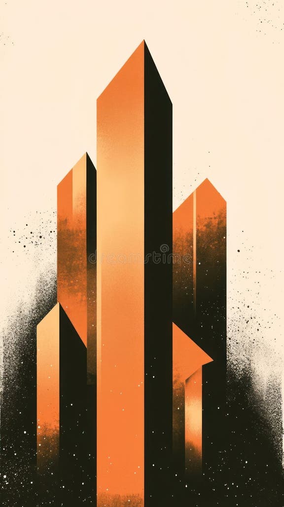 Abstract Depiction of Tall, Geometric Structures with an Orange ...