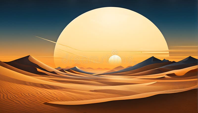 Abstract Desert Scene with Triangular Sand Dunes and a Single Circular ...