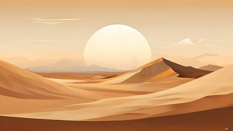 Abstract Desert Scene with Triangular Sand Dunes and a Single Circular ...