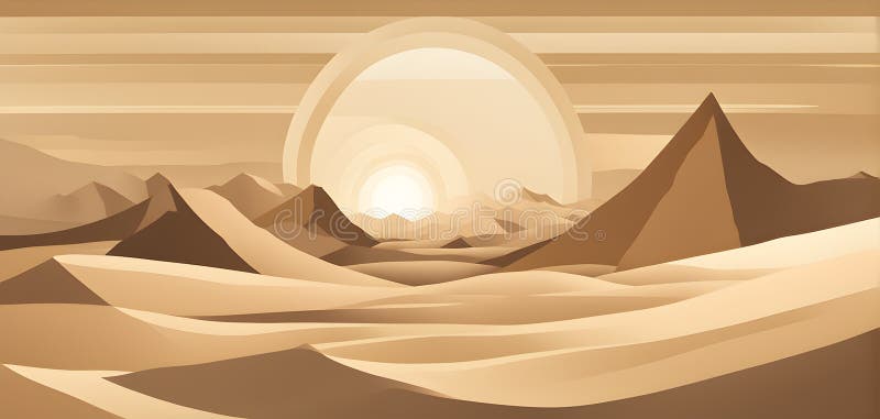 Abstract Desert Scene with Triangular Sand Dunes and a Single Circular ...