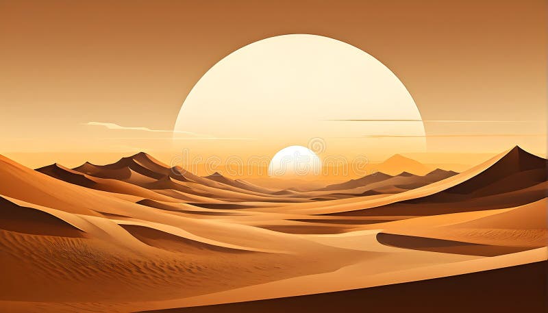 Abstract Desert Scene with Triangular Sand Dunes and a Single Circular Sun, Using Sharp Lines ...