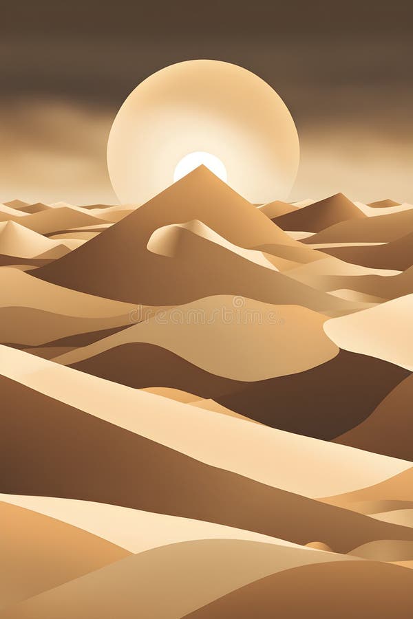 Abstract Desert Scene with Triangular Sand Dunes and a Single Circular Sun, Using Sharp Lines ...