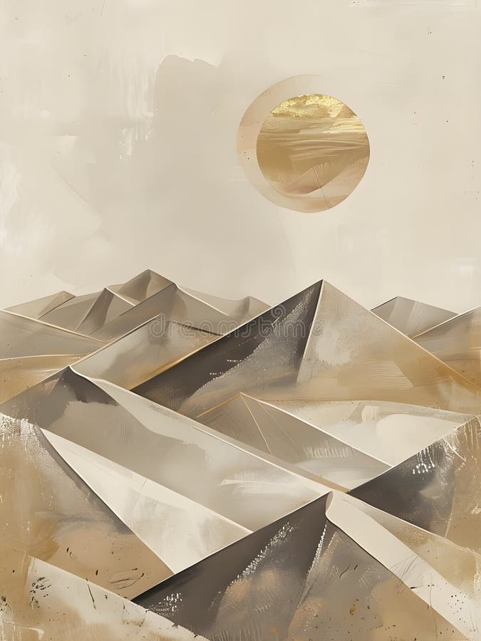 Abstract Desert Scene with Triangular Sand Dunes and a Single Circular ...