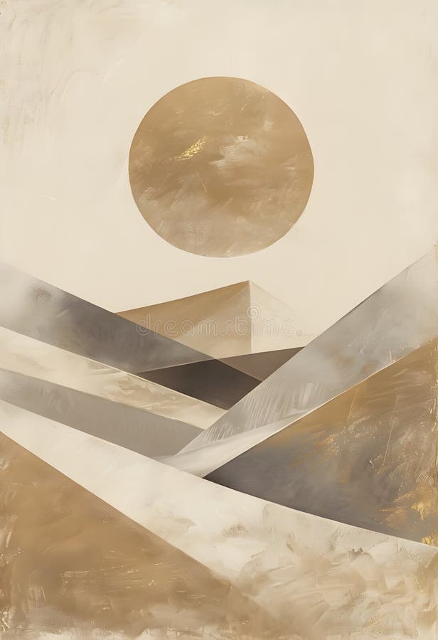 Abstract Desert Scene with Triangular Sand Dunes and a Single Circular ...