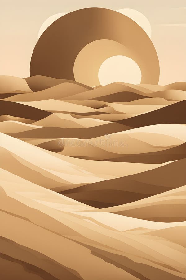 Abstract Desert Scene with Triangular Sand Dunes and a Single Circular Sun, Using Sharp Lines ...