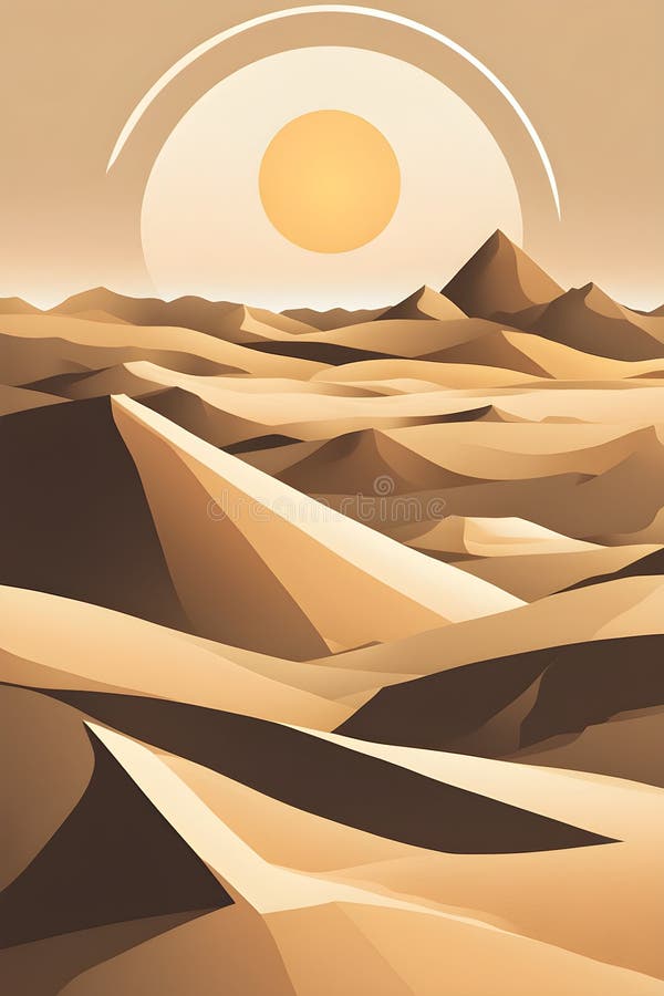 Abstract Desert Scene with Triangular Sand Dunes and a Single Circular Sun, Using Sharp Lines ...