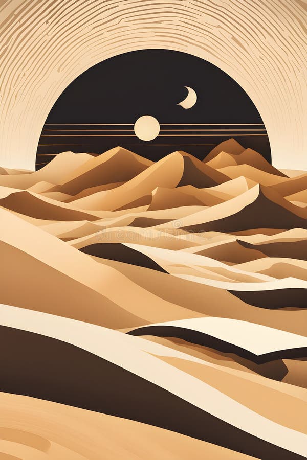 Abstract Desert Scene with Triangular Sand Dunes and a Single Circular ...