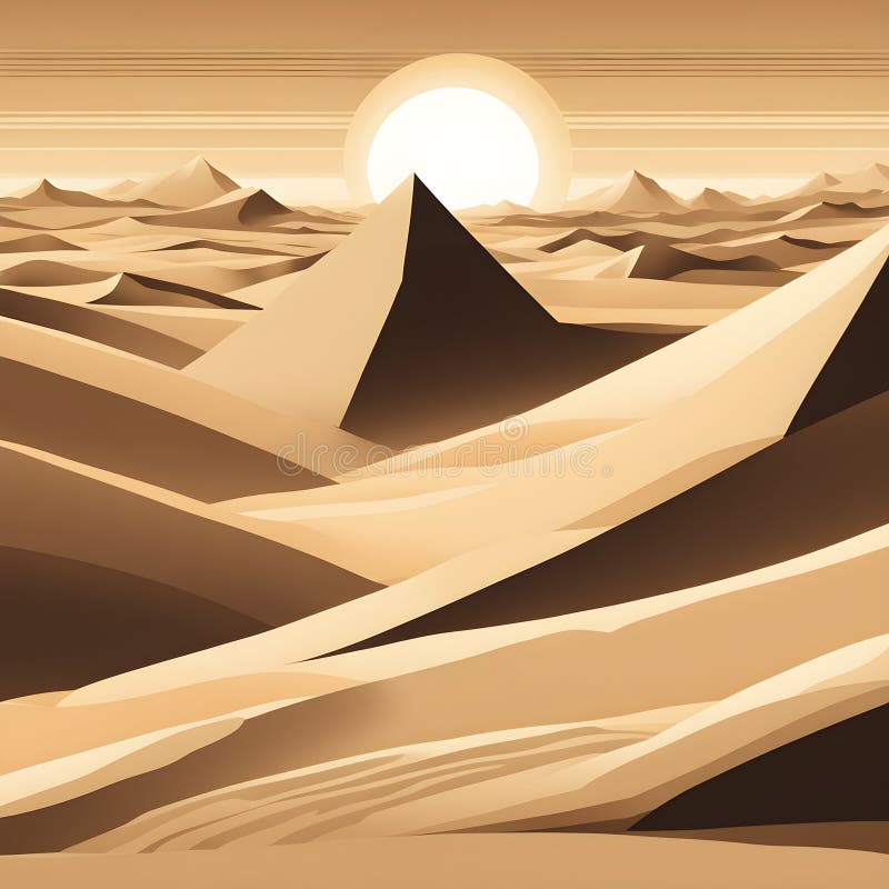 Abstract Desert Scene with Triangular Sand Dunes and a Single Circular Sun, Using Sharp Lines ...