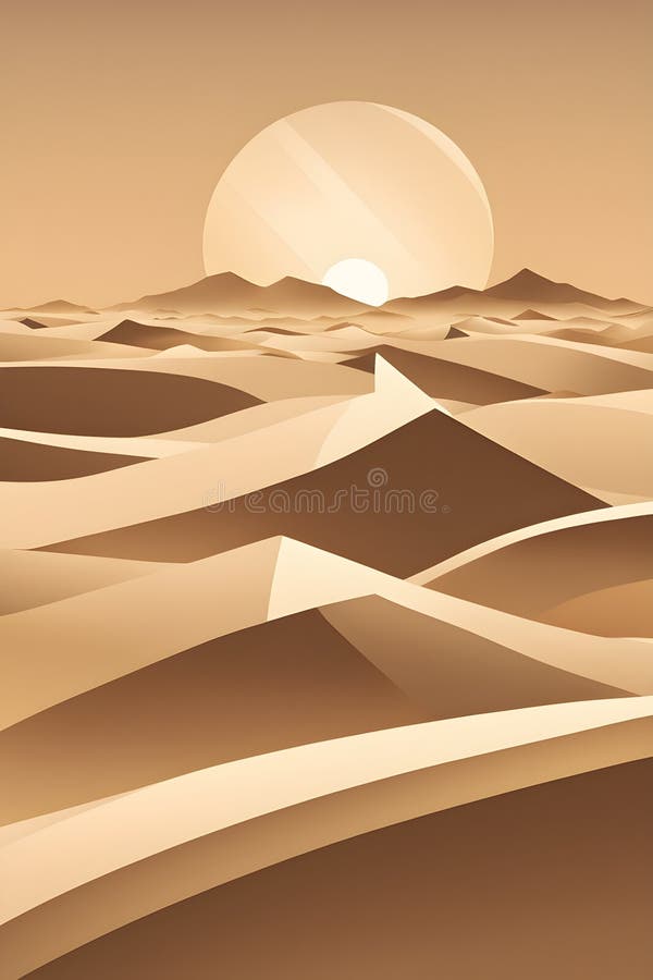 Abstract Desert Scene with Triangular Sand Dunes and a Single Circular ...