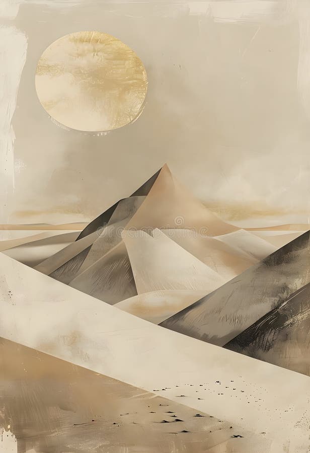 Abstract Desert Scene with Triangular Sand Dunes and a Single Circular ...