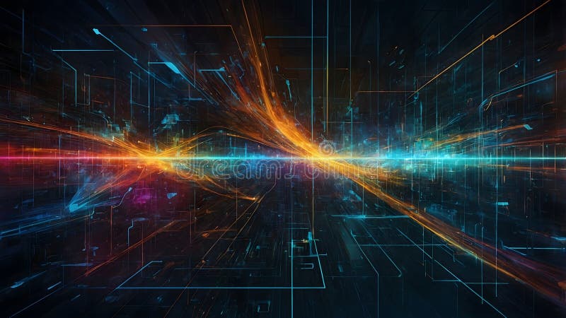 Abstract Design Featuring Digital Grids, Light Trails, and Tech Icons ...