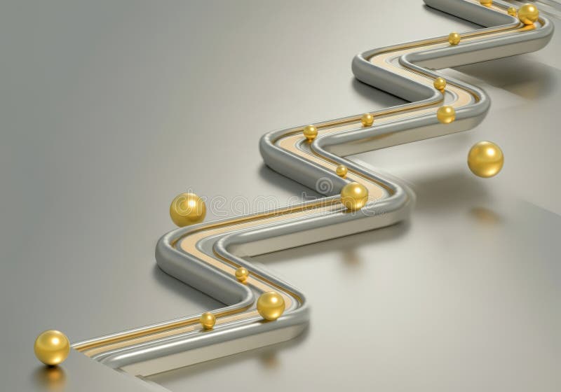 Abstract Design Featuring Golden Spheres on a Zigzag Metallic Path ...