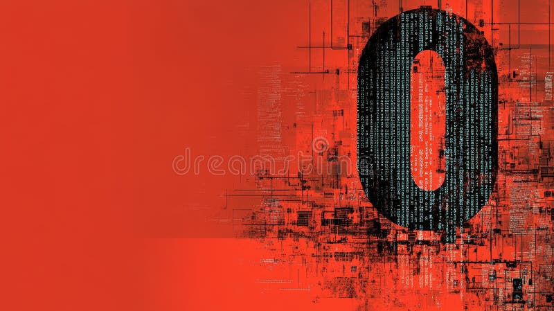 Abstract Design Featuring Large Zero on Red Background with Digital ...