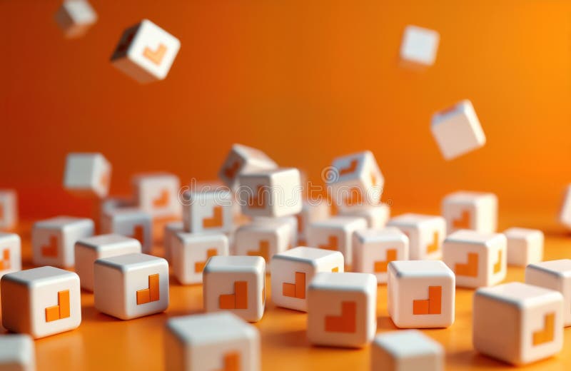 Abstract Design Featuring Many White Cubes with Orange Symbols. Cubes ...