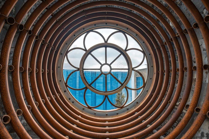 Metal Suspended Tubes with Blue Outer and Rusted Copper Pipes Stock ...