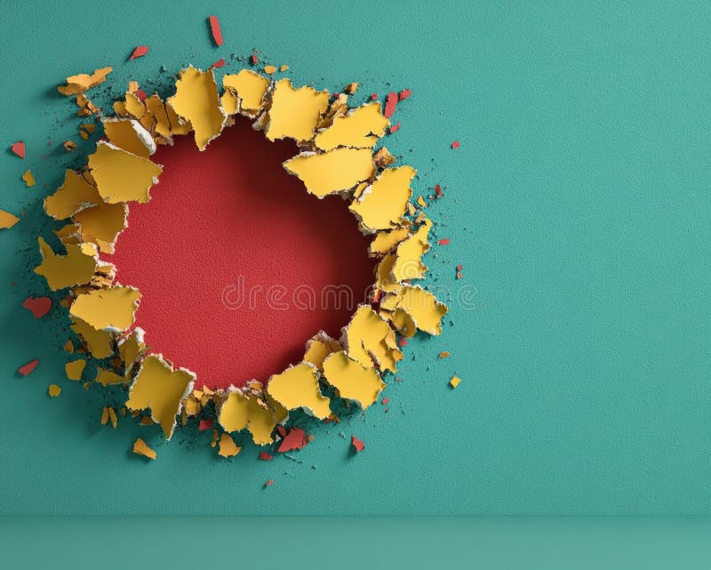Abstract Design Featuring a Torn Yellow Paper Circle on a Teal Surface ...